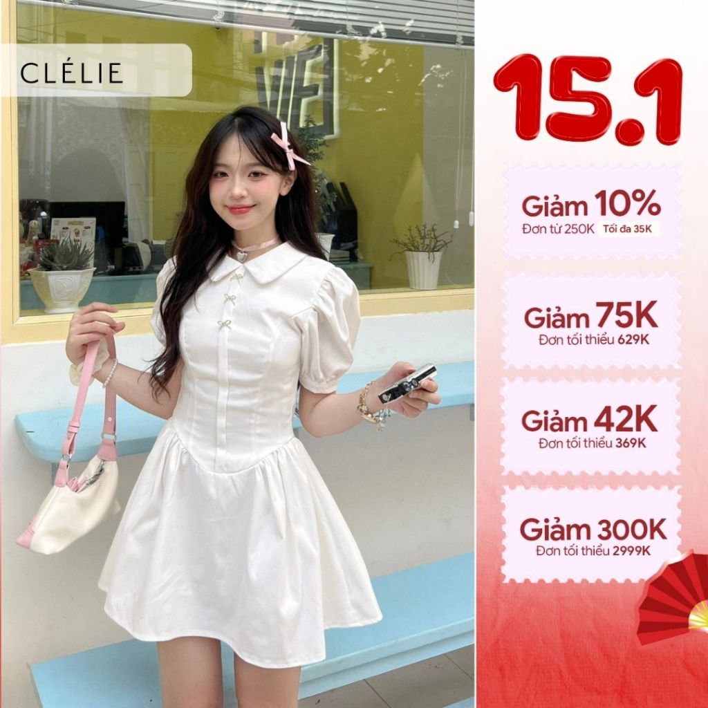 [SAM x CLÉLIE] Lotus collar dress with stone bow and flared sleeves ...