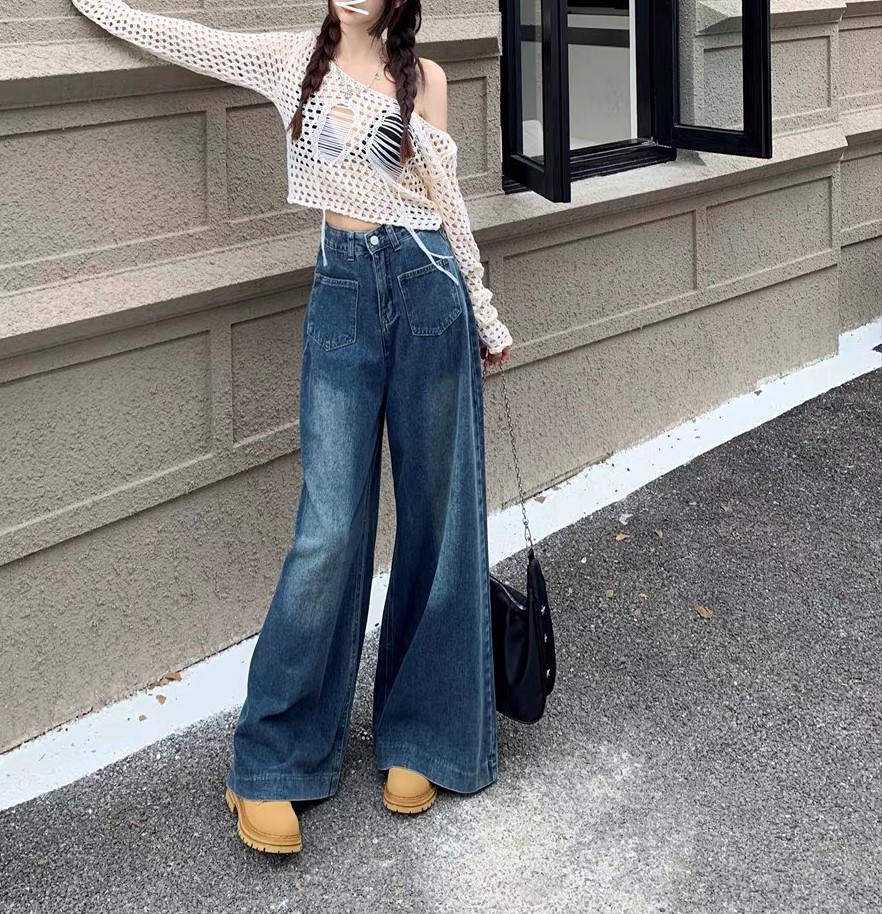 Women's wide-leg long jeans, KABICO women's high-waisted jeans Ulzzang ...