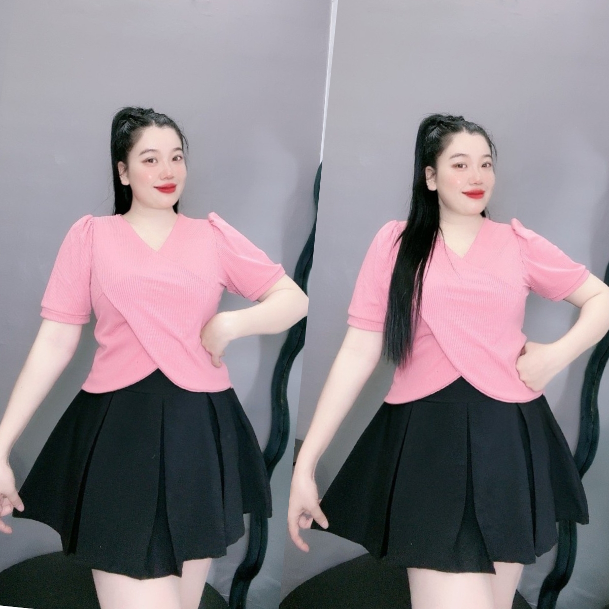 Women's big-size T-shirt with V-neck, short sleeves, cross-over design, easy to wear, cool ...