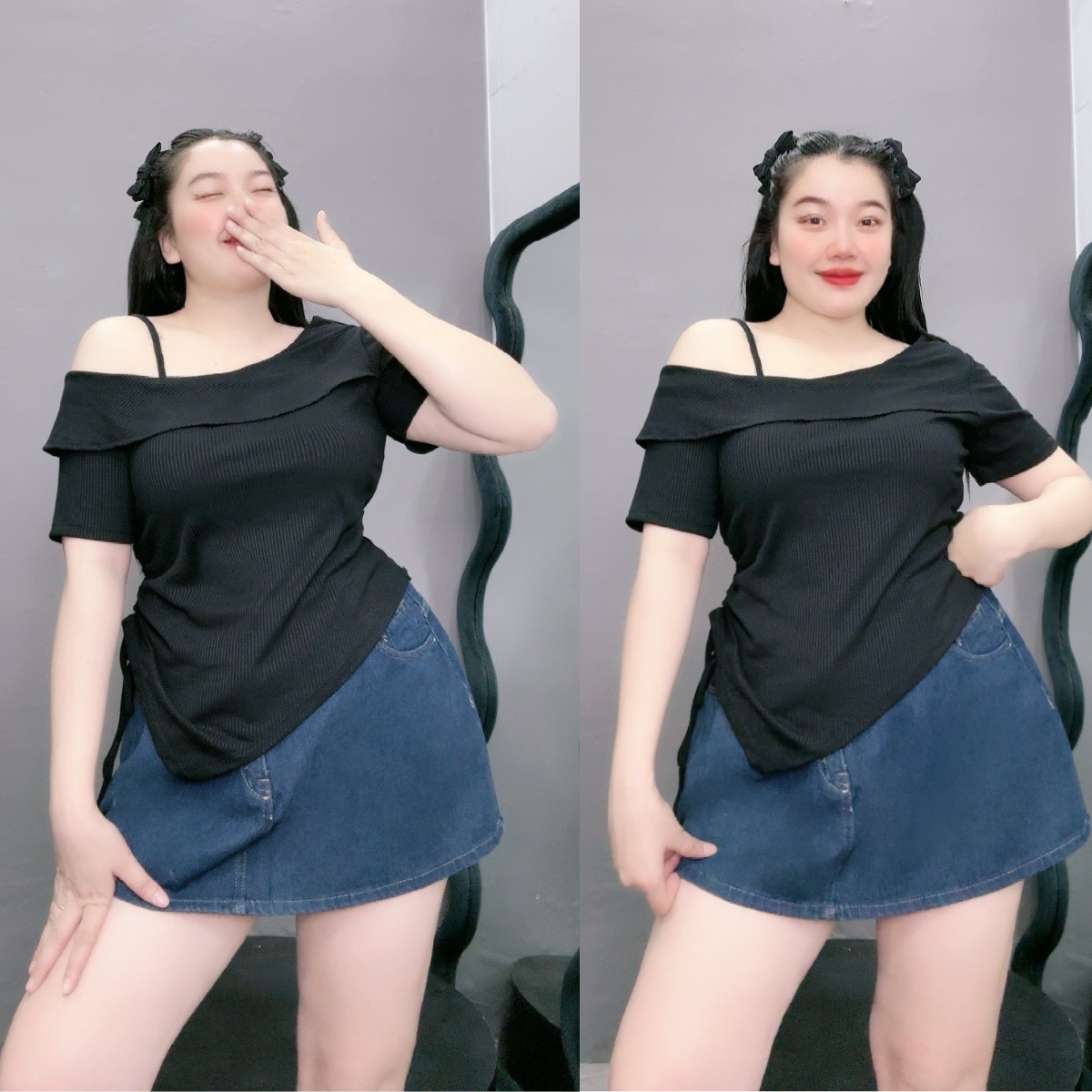 Women's Bigsize T-shirt with stylized fold-over flap, one side, ruffled ...