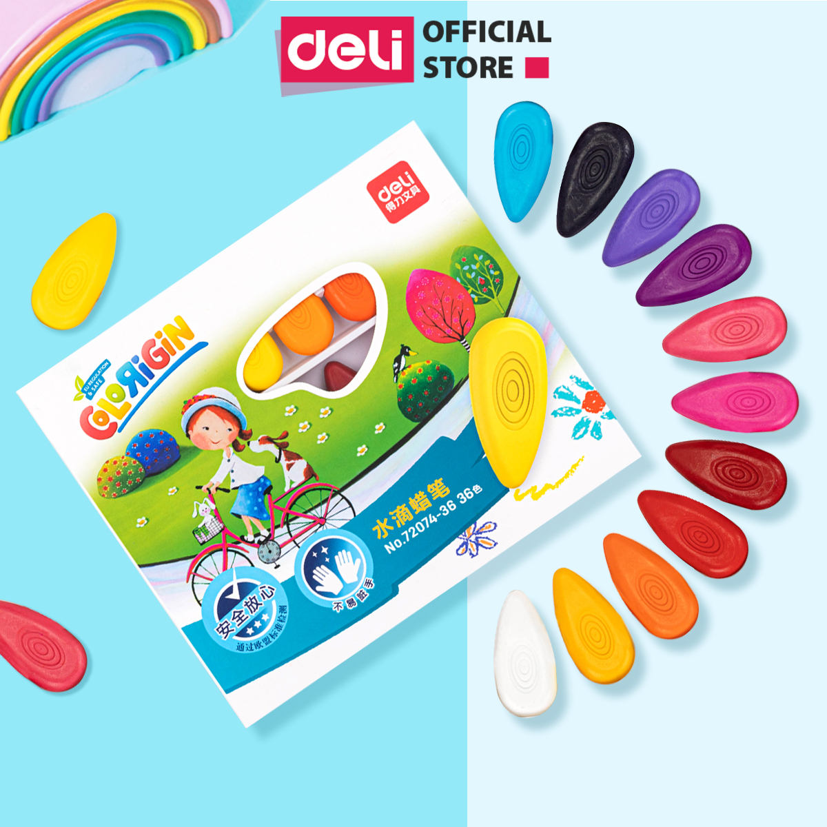 Genuine Deli crayons box, water drop design with 12/24/36/48 bright ...