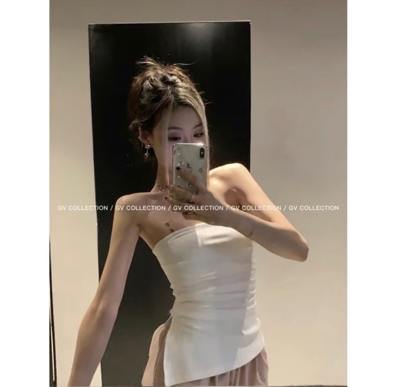 Women's slanted tube top with side slits, easy to wear, long ribbed ...