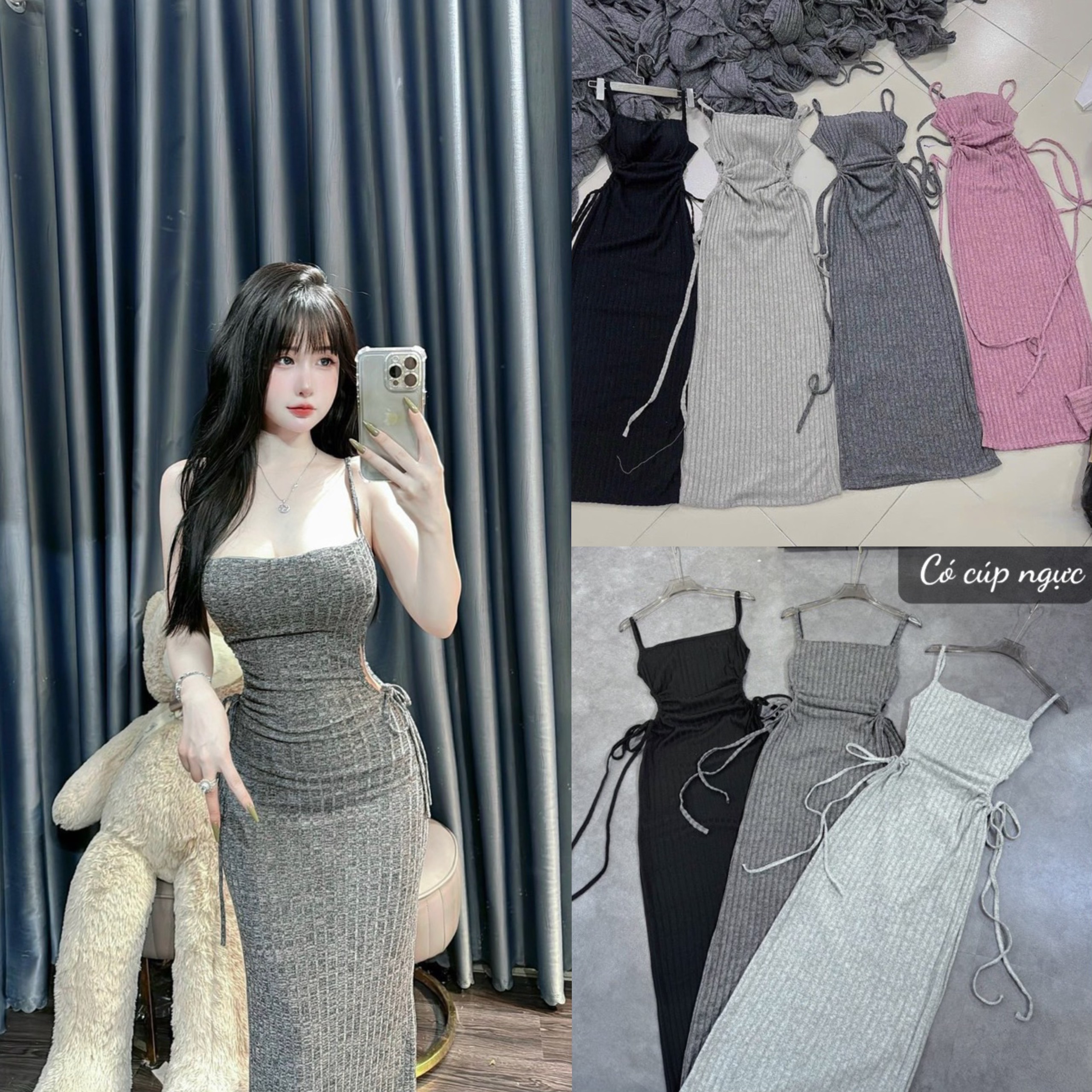 Women's two-strap bodycon dress with chest pad, long elastic wool, elegant cut-out waist