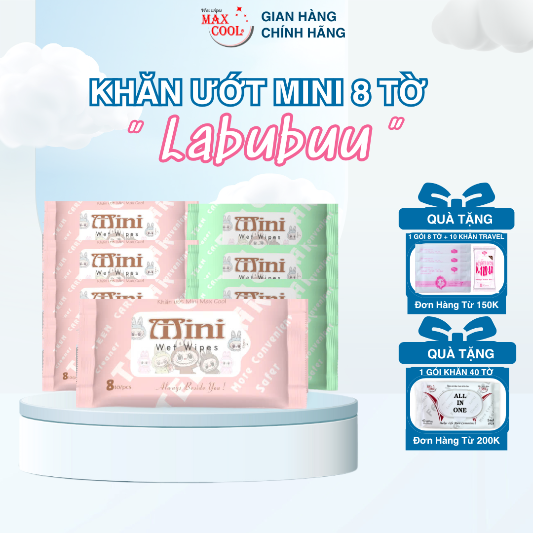Buy 10 get 5 free Mini Max Cool wet wipes 8 sheets Super cute LABUBUU ...