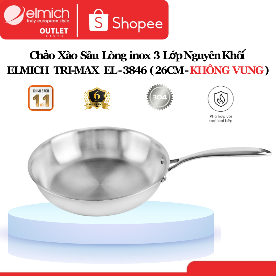 Elmich TRI-MAX 3-layer stainless steel deep stir-fry pan (Can be used ...