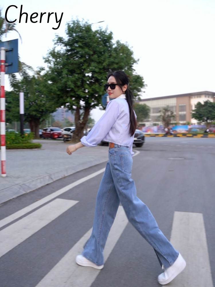 Cherry high-waisted 2-button flared wide-leg jeans, women's straight ...