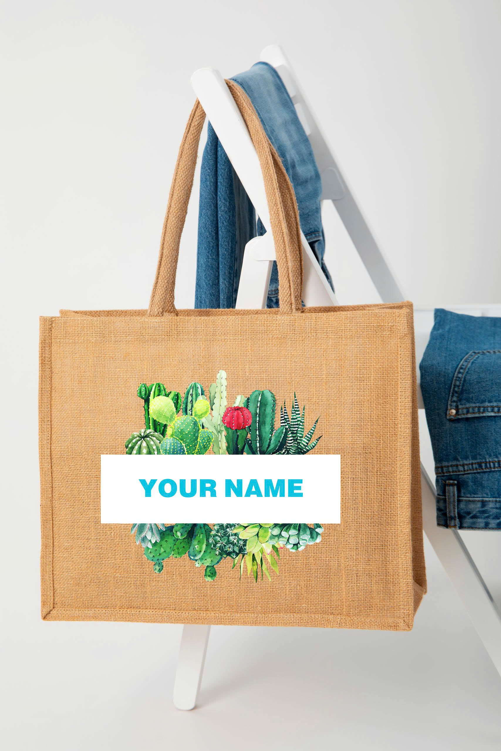 Jute bag printed with Cactus motifs, can fill your name or add the ...