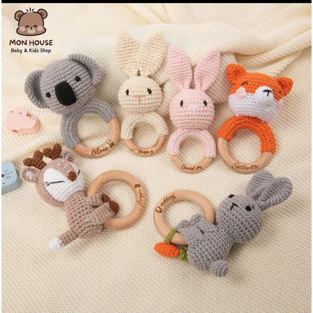 (ENGRADE BABY'S NAME) Crocheted Wooden Rattle Ring, Chewing Gums ...